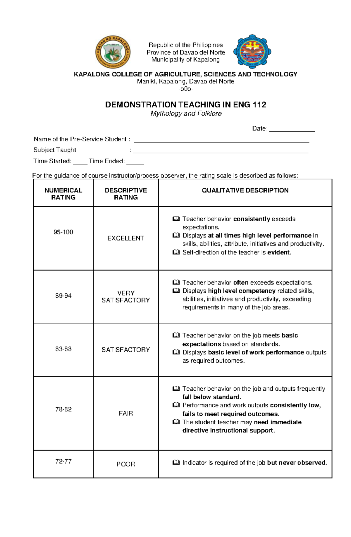 Demonstration Teaching Rating Sheet - Republic of the Philippines ...