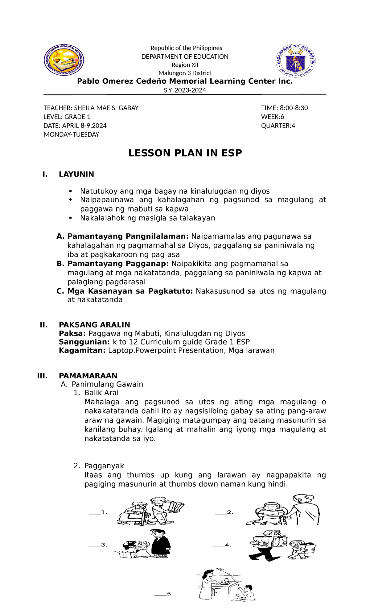 ESP WEEK 6 - Republic of the Philippines DEPARTMENT OF EDUCATION Region ...