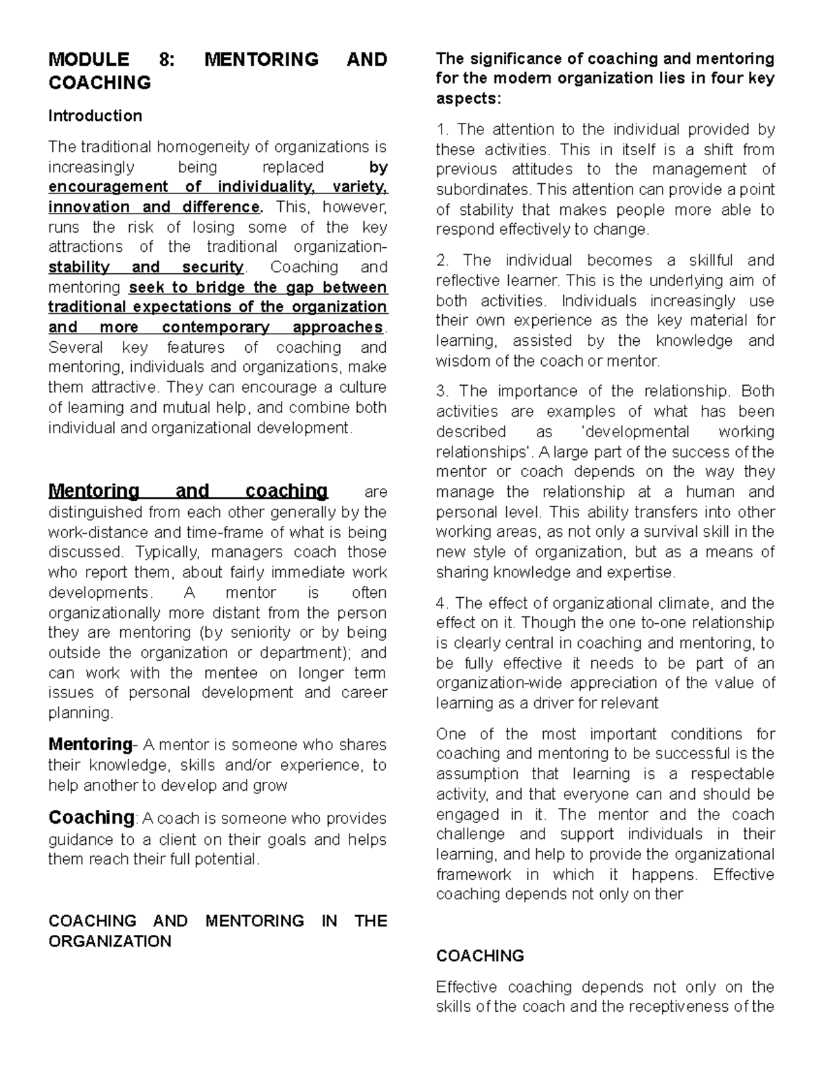 Module 8 - MODULE 8: MENTORING AND COACHING Introduction The ...
