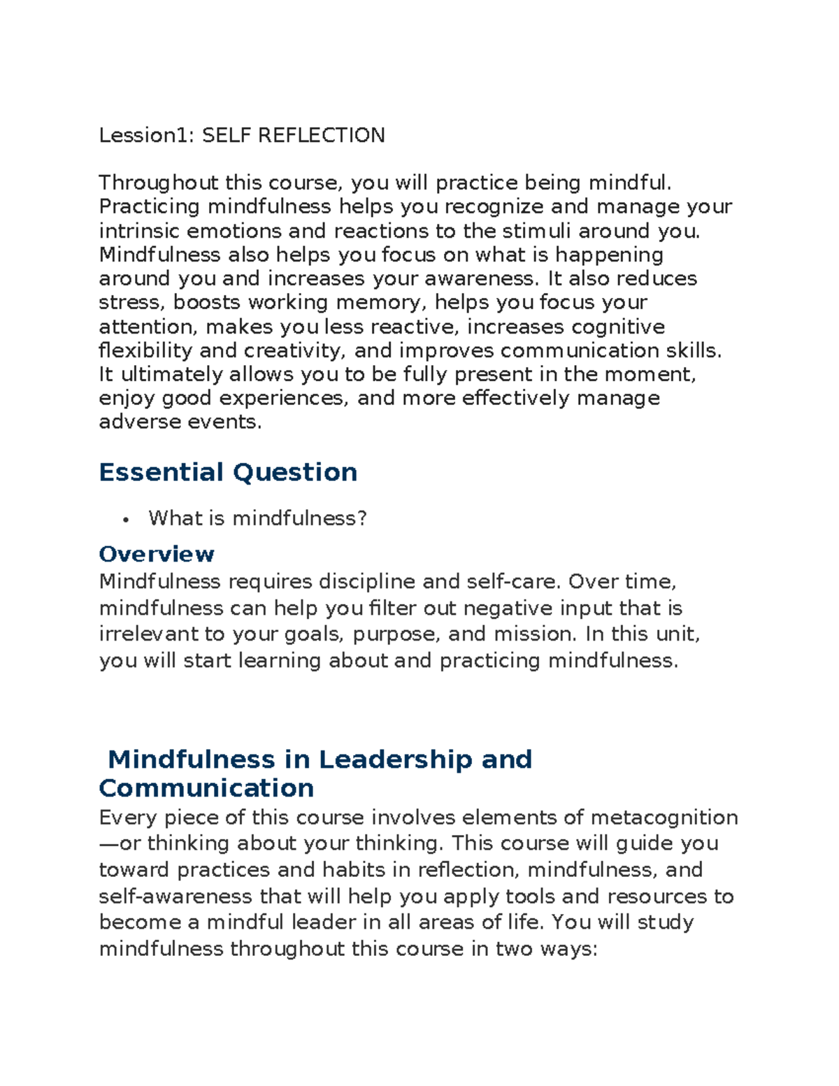 Lession 2 - summary of course material - ####### Lession1: SELF ...