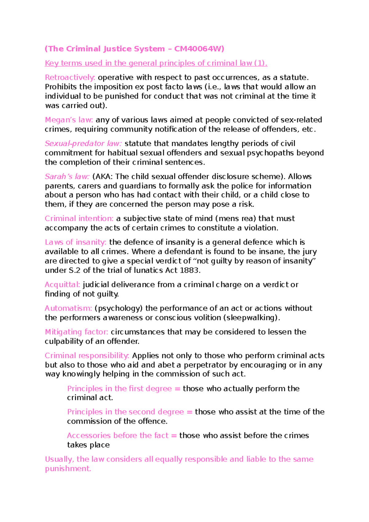 Key terms used in the general principles of criminal law ...