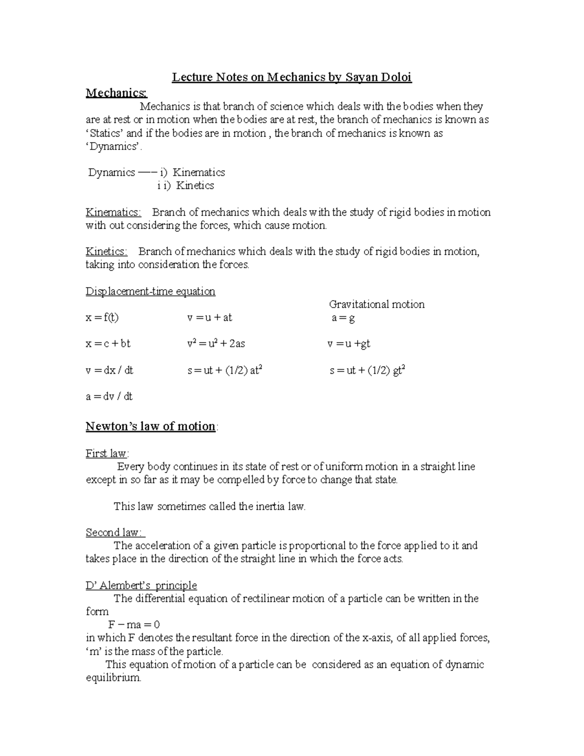 Mechanics - Lecture notes 1 - Engineering Mechanics - KIIT University ...