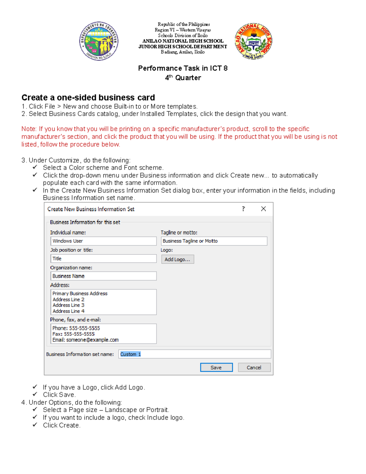 How to Create Business Cards Activity - Republic of the Philippines ...