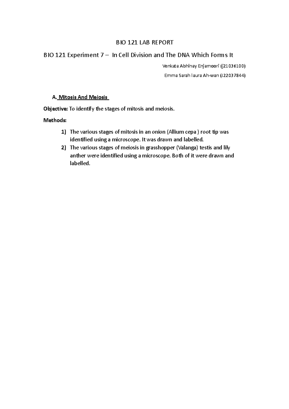 BIO - no de - BIO 121 LAB REPORT BIO 121 Experiment 7 – In Cell ...