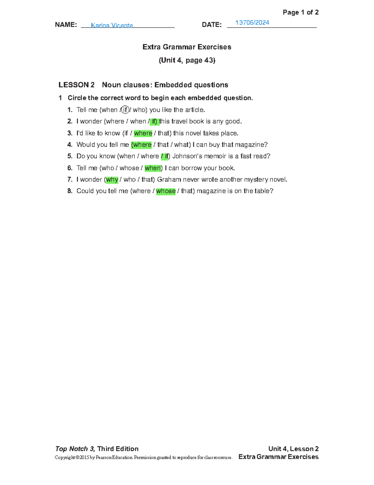 UNIT 04 Extra Gram Exercises 2 5th - NAME: _________________________ DATE ...