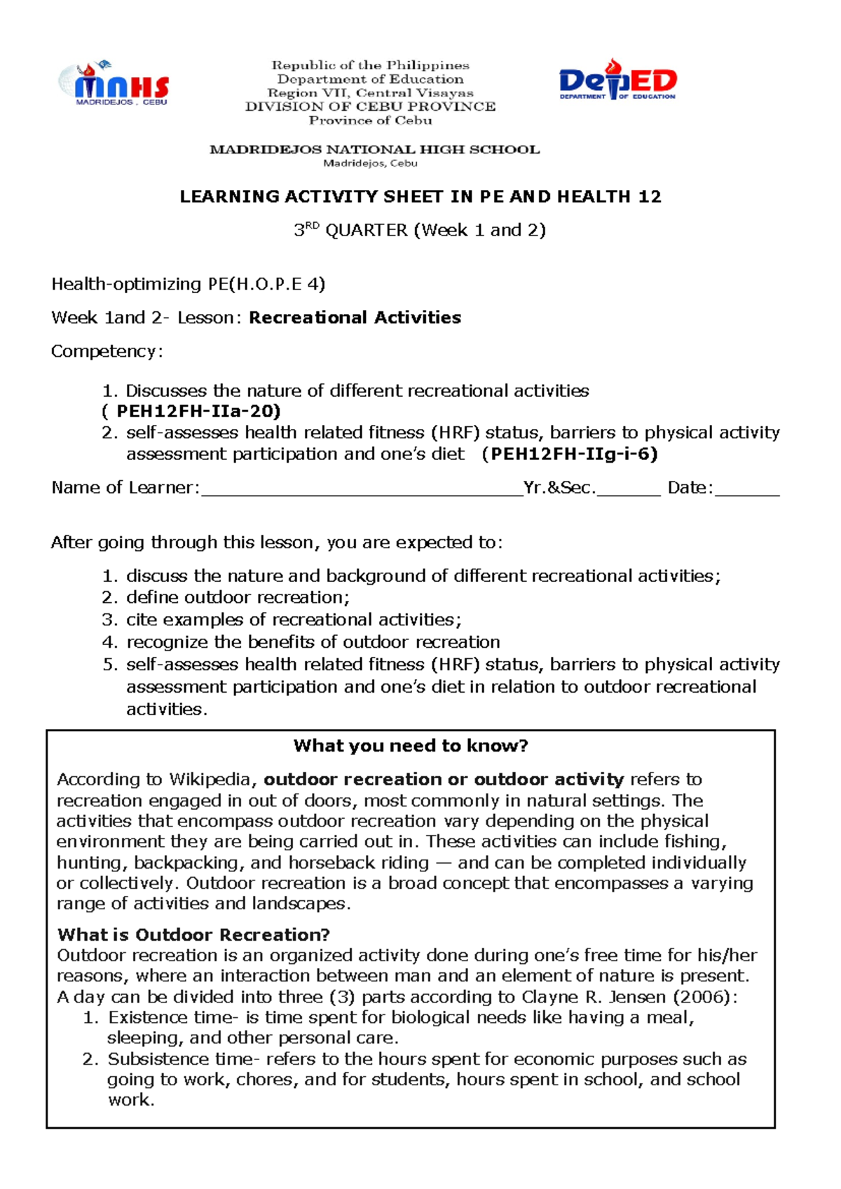 PEH Practice Module - LEARNING ACTIVITY SHEET IN PE AND HEALTH 12 3 RD ...