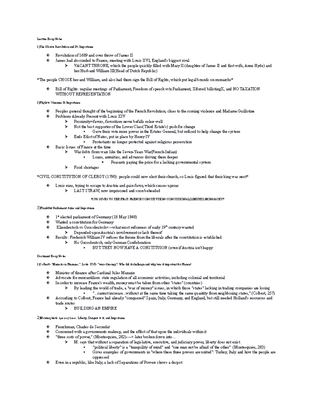 Midterm Notes - Lecture Essay Notes 1)The Glorius Revolution and It's ...