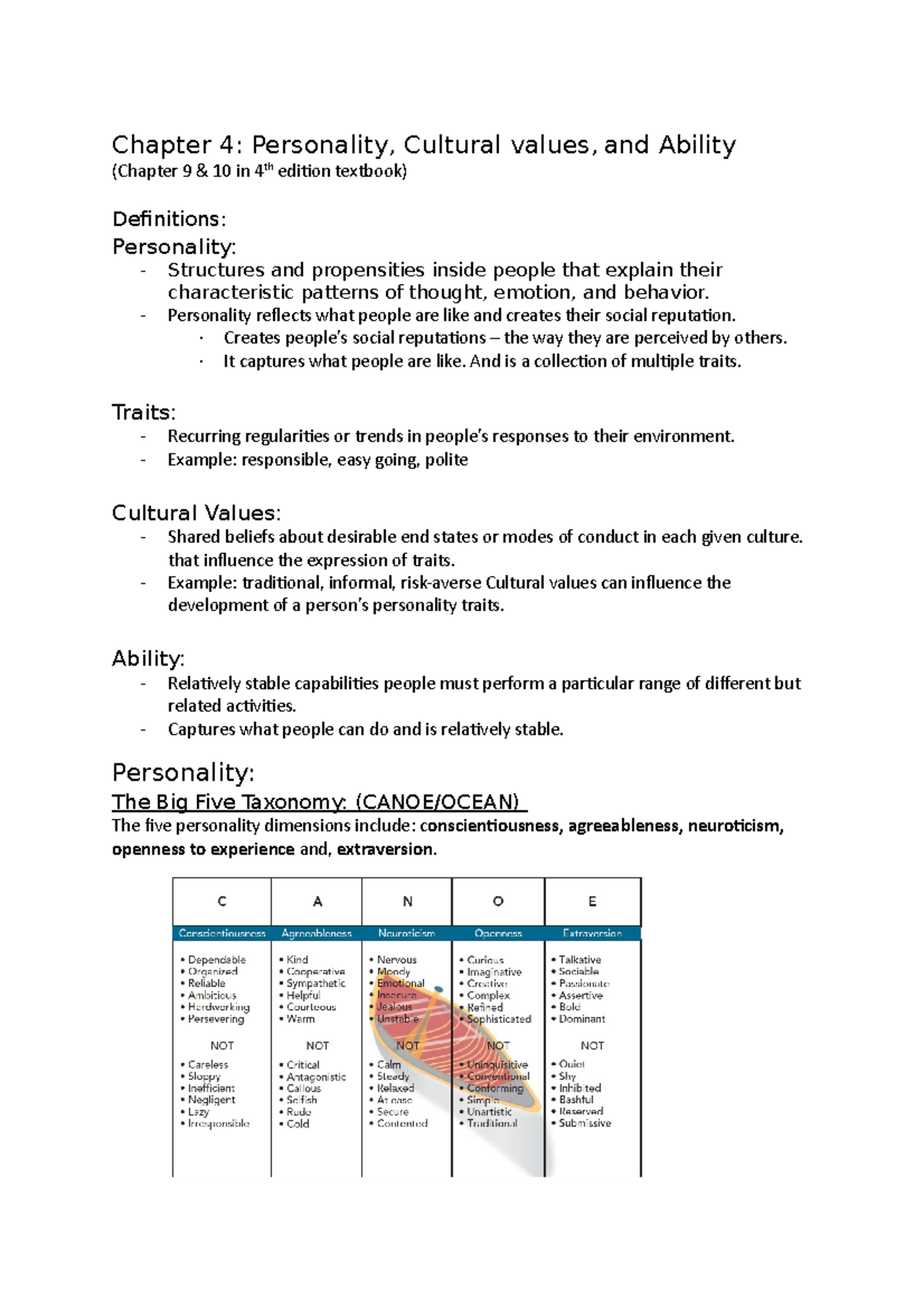 Organizational Behaviour - Chapter 4 (Personality, Cultural values and ...