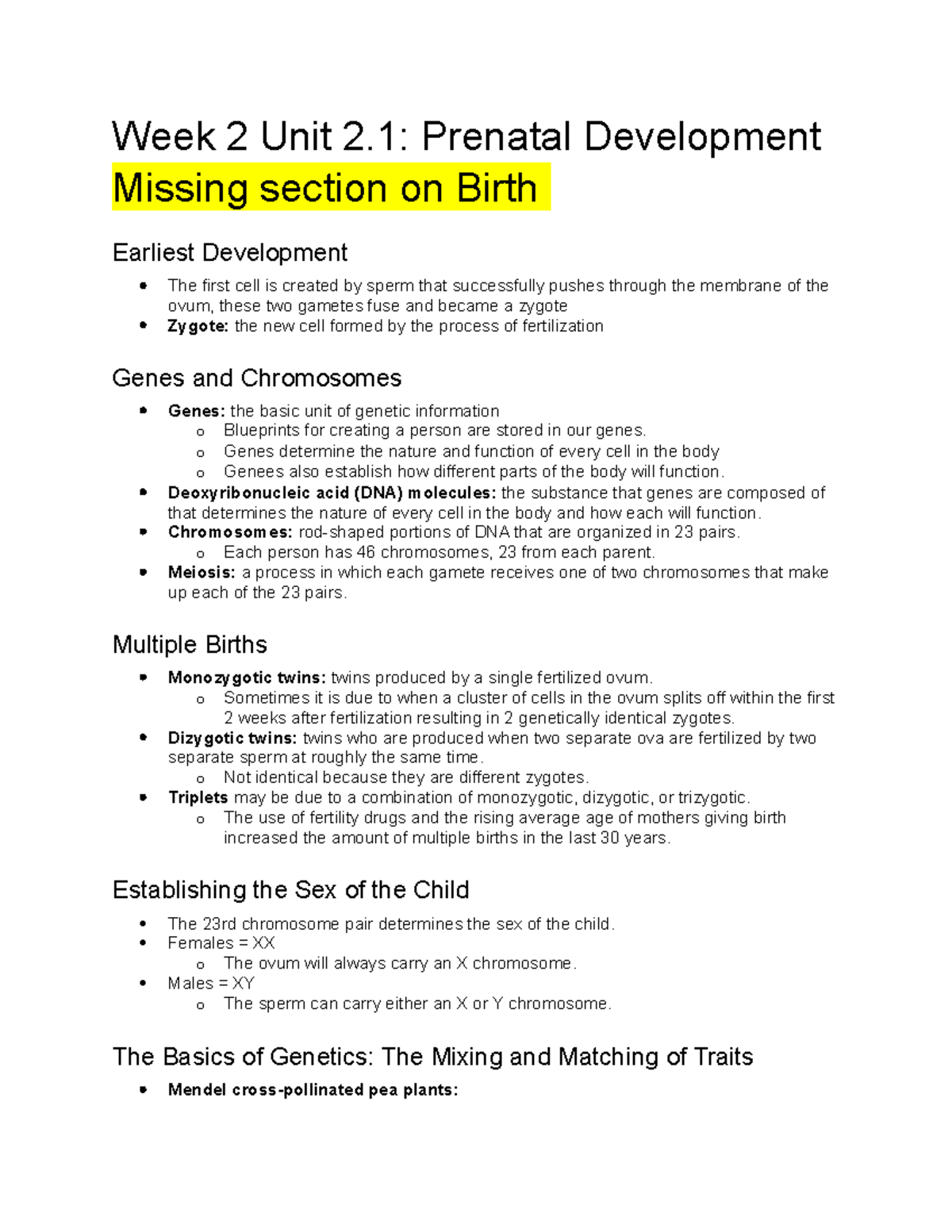 Week 2 Unit 2 - week 2 unit 2 - Week 2 Unit 2: Prenatal Development ...