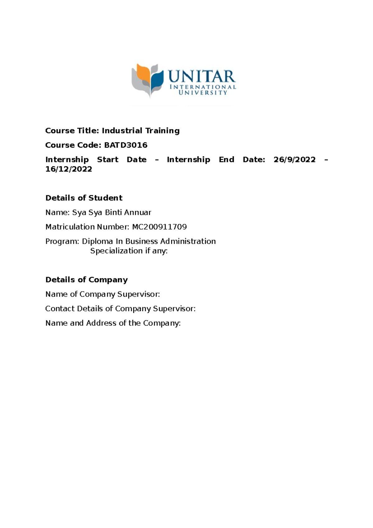 Logbook Internship - EXAMPLE - Course Title: Industrial Training Course ...