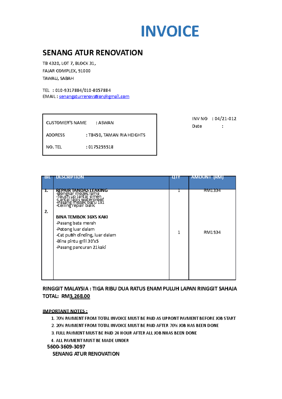 Invoice Aswan - Practice - INVOICE SENANG ATUR RENOVATION TB 4320, LOT ...