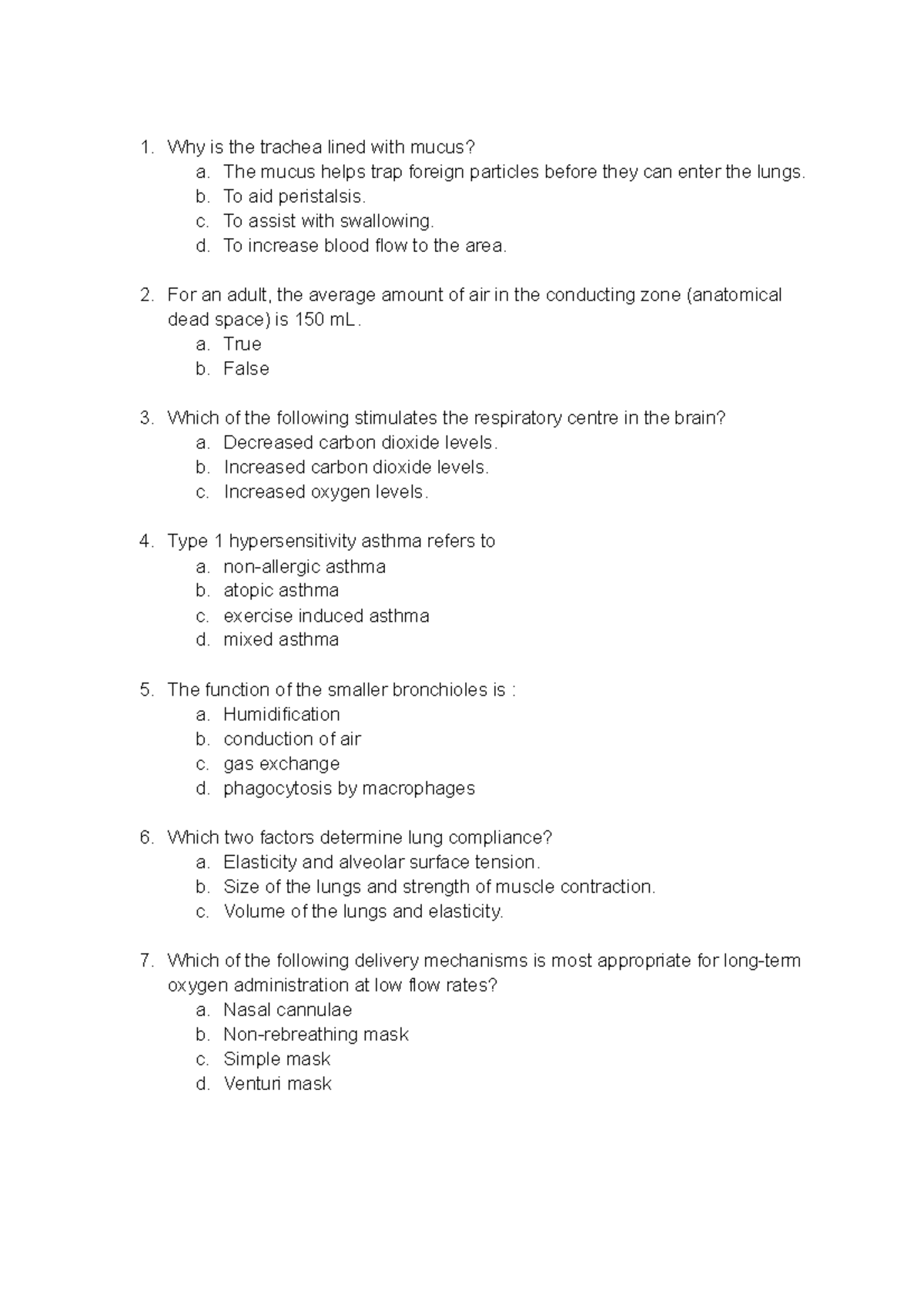 Multiple Choice Quesions- Respiratory system - Why is the trachea lined ...