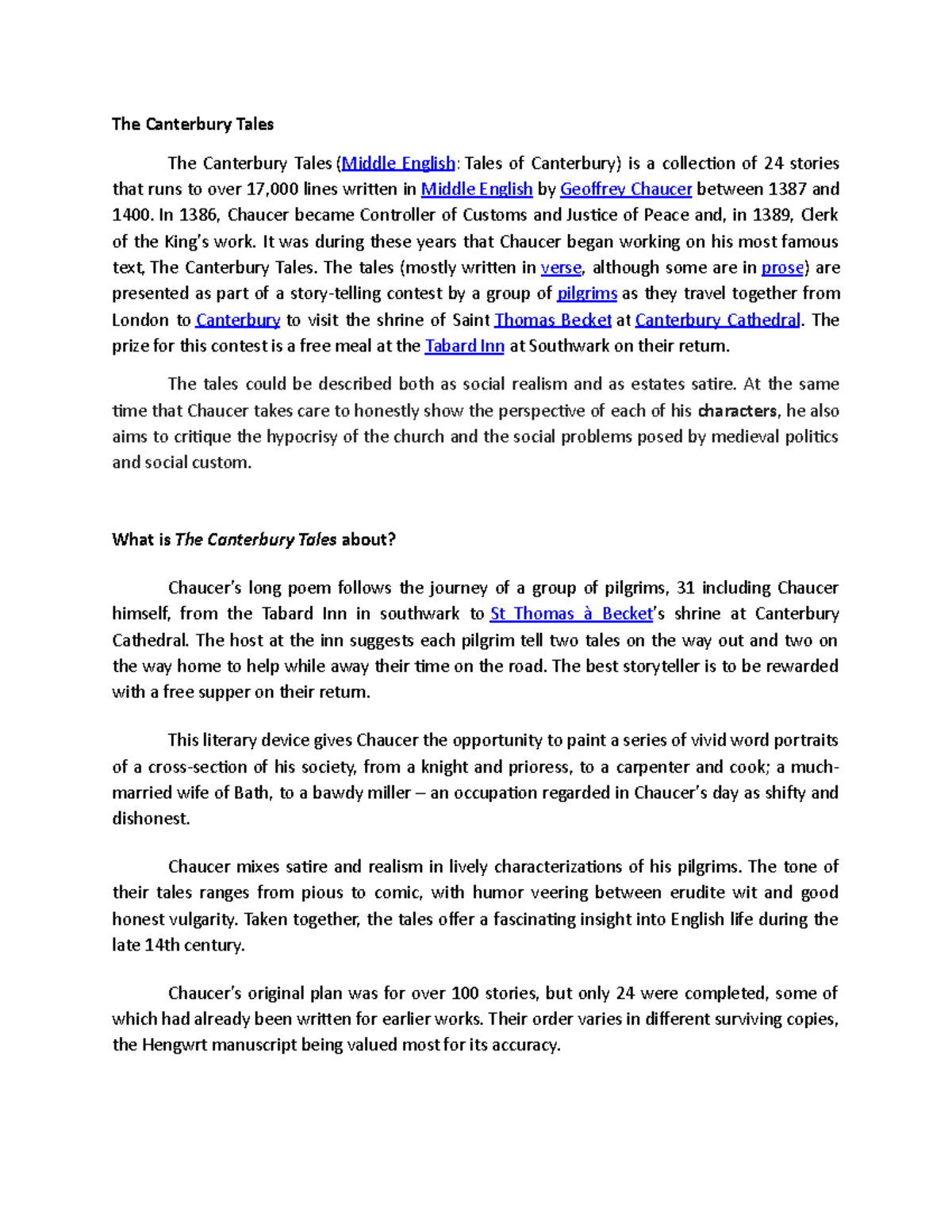 THE Canterbury Tales - GREAT BOOK - The Canterbury Tales The Canterbury ...