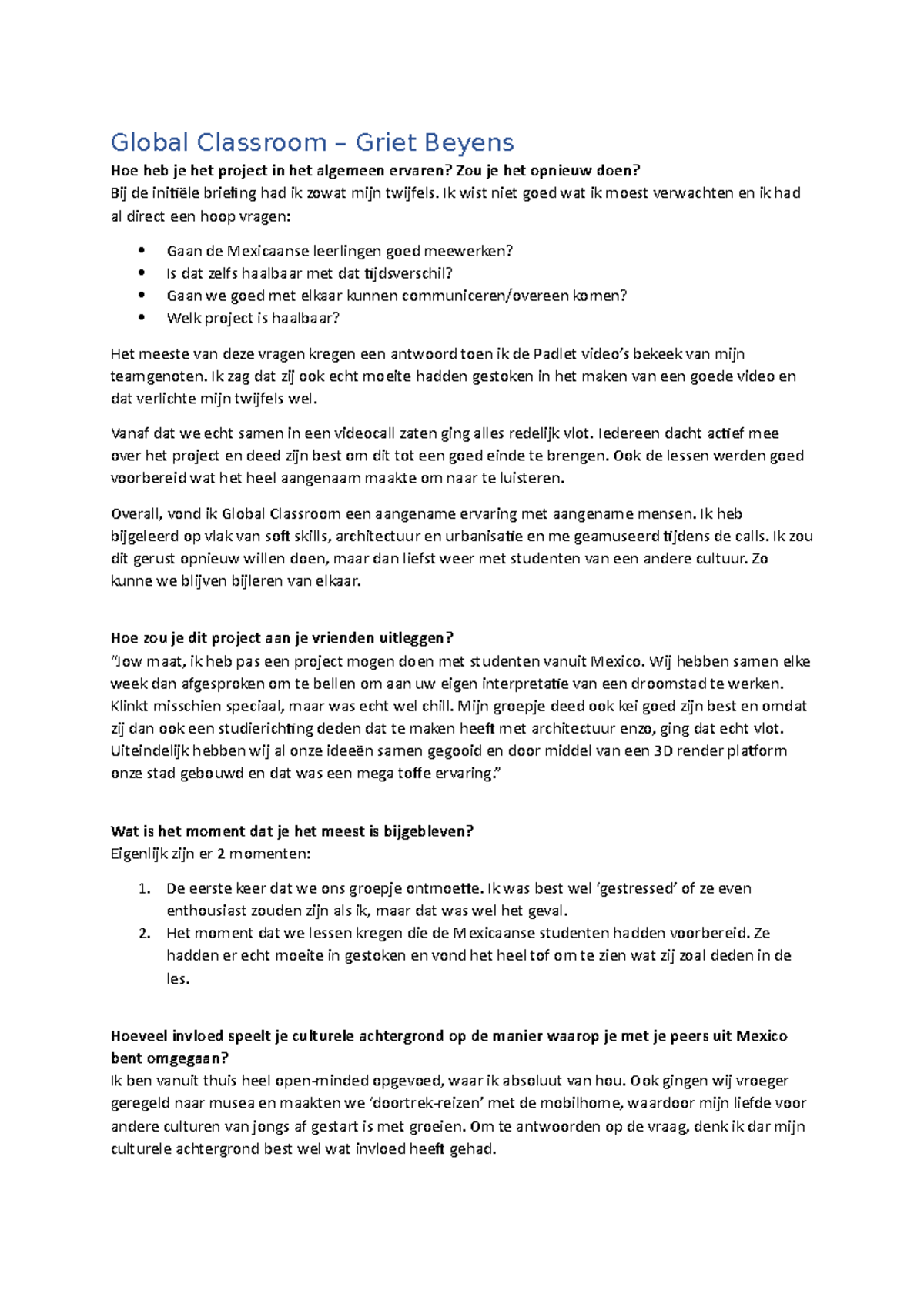 Global Classroom eindrefelctie Griet Beyens - Global Classroom – Griet ...