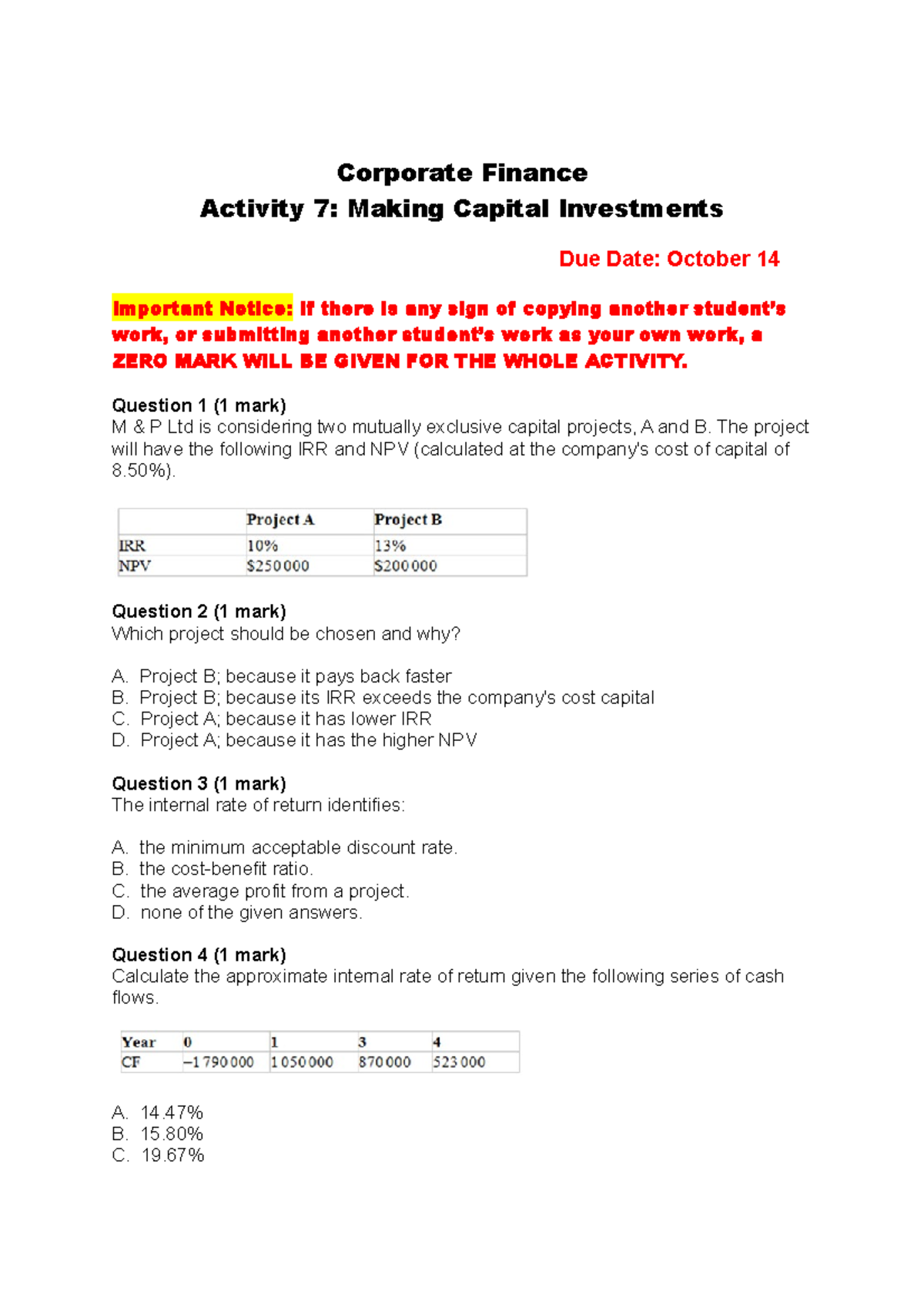 Activity 7 student final - Corporate Finance Activity 7: Making Capital ...