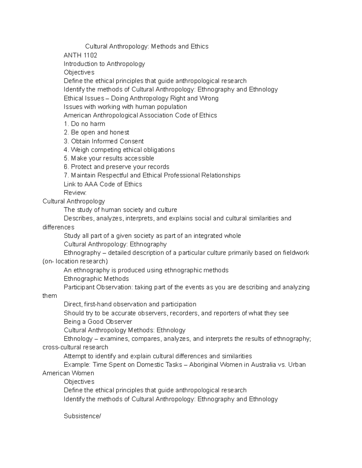 3 - notes - Cultural Anthropology: Methods and Ethics ANTH 1102 ...