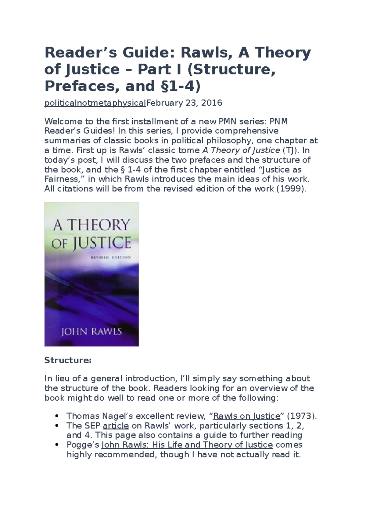 Rawls summary - see - Reader’s Guide: Rawls, A Theory of Justice – Part ...