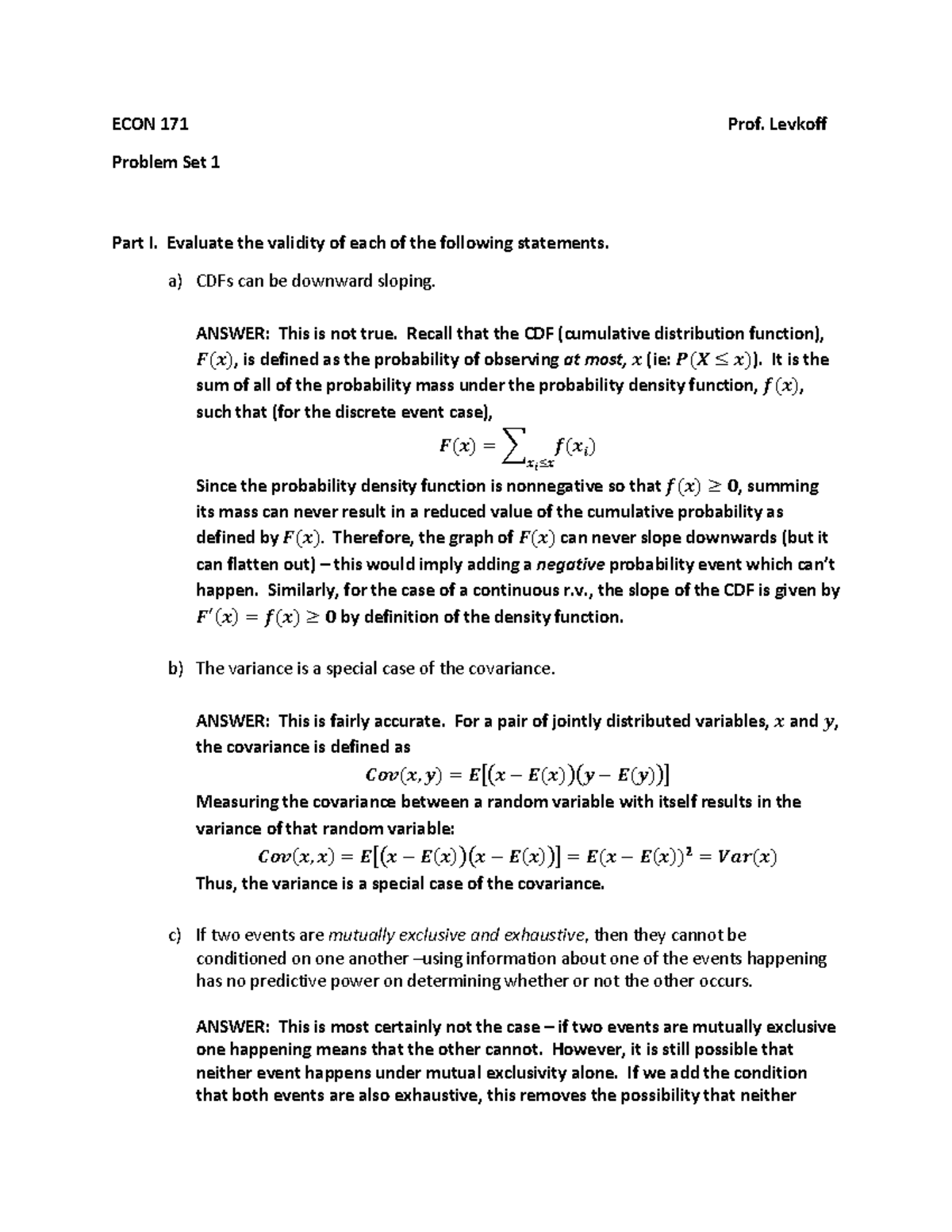 Econ 171 Ps1 W19 Soln Problem Set 1 Solution Econ 171 Prof Levkoff Problem Set 1 Part I
