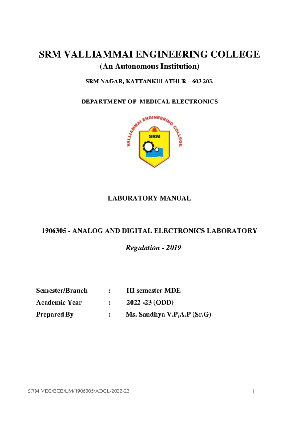 analog and digital electronics laboratory manual - SRM VEC/ECE/LM/1906305/ADCL/2022- 231 SRM ...