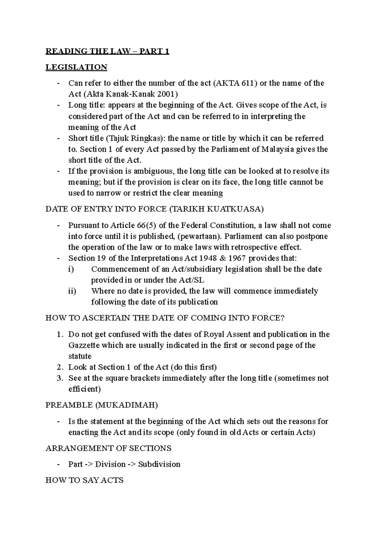 Legal Method Lecture Notes - READING THE LAW - READING THE LAW – PART 1 ...