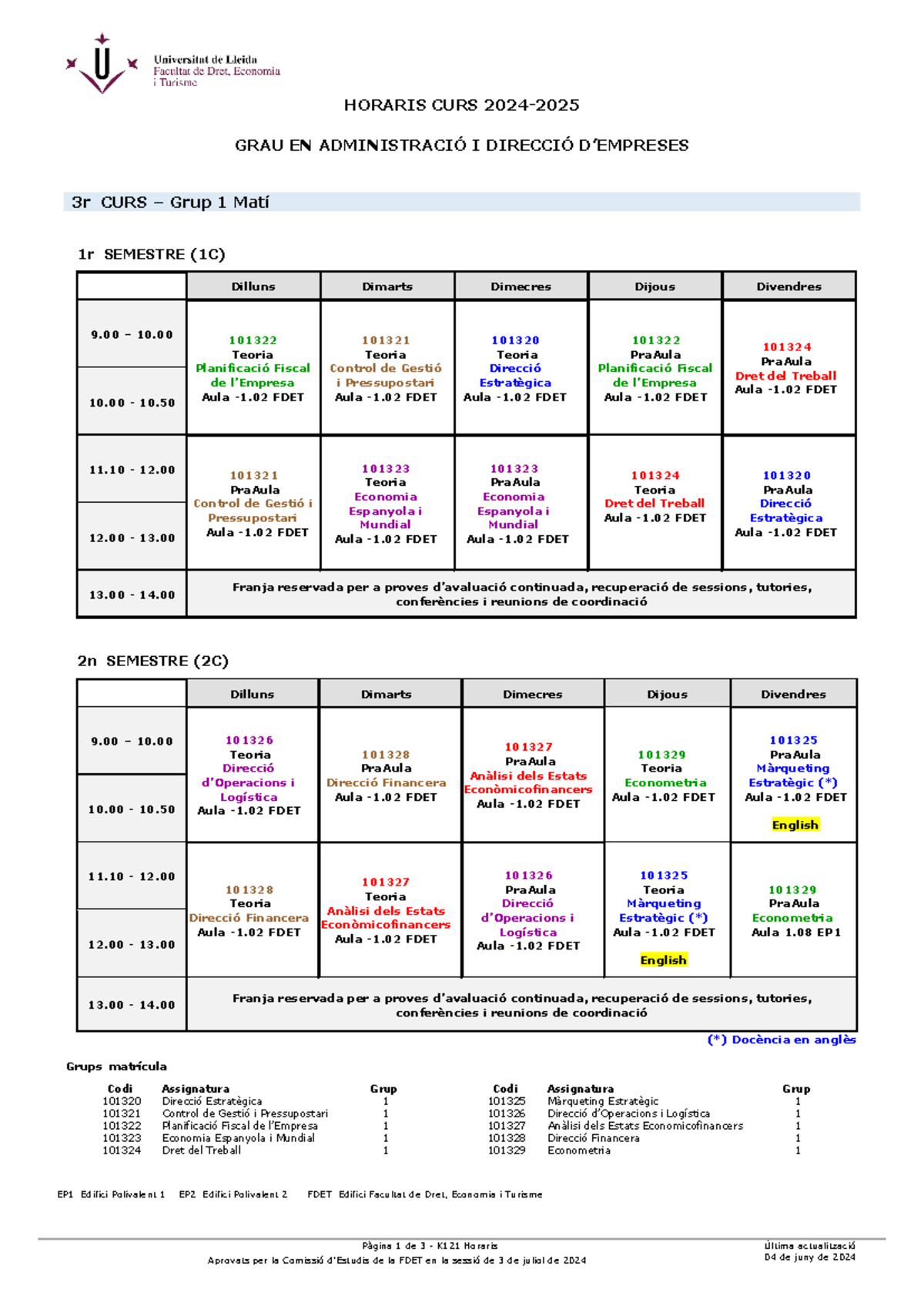 Horaris Grau ADE 2024-25 3r-Curs - HORARIS CURS 2024- Pàgina 1 de 3 - K121 Horaris Aprovats per ...