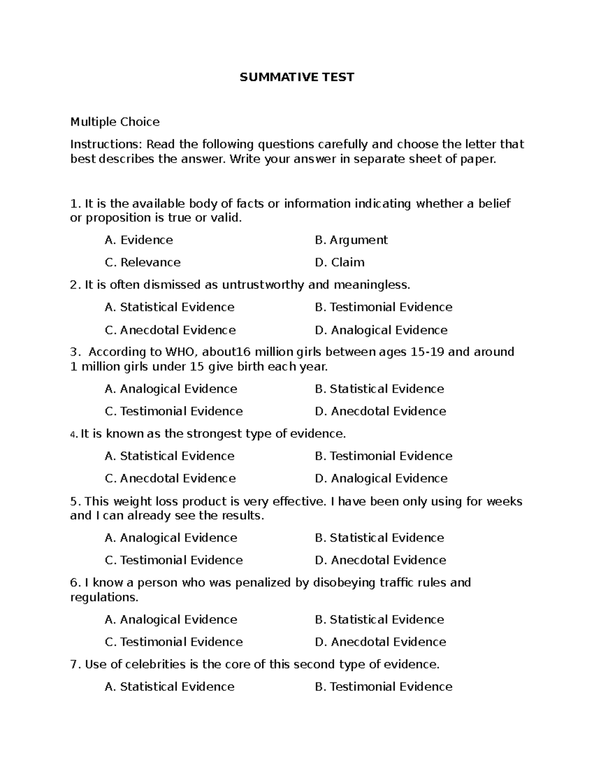 Q4 Summative TEST - SUMMATIVE TEST Multiple Choice Instructions: Read ...