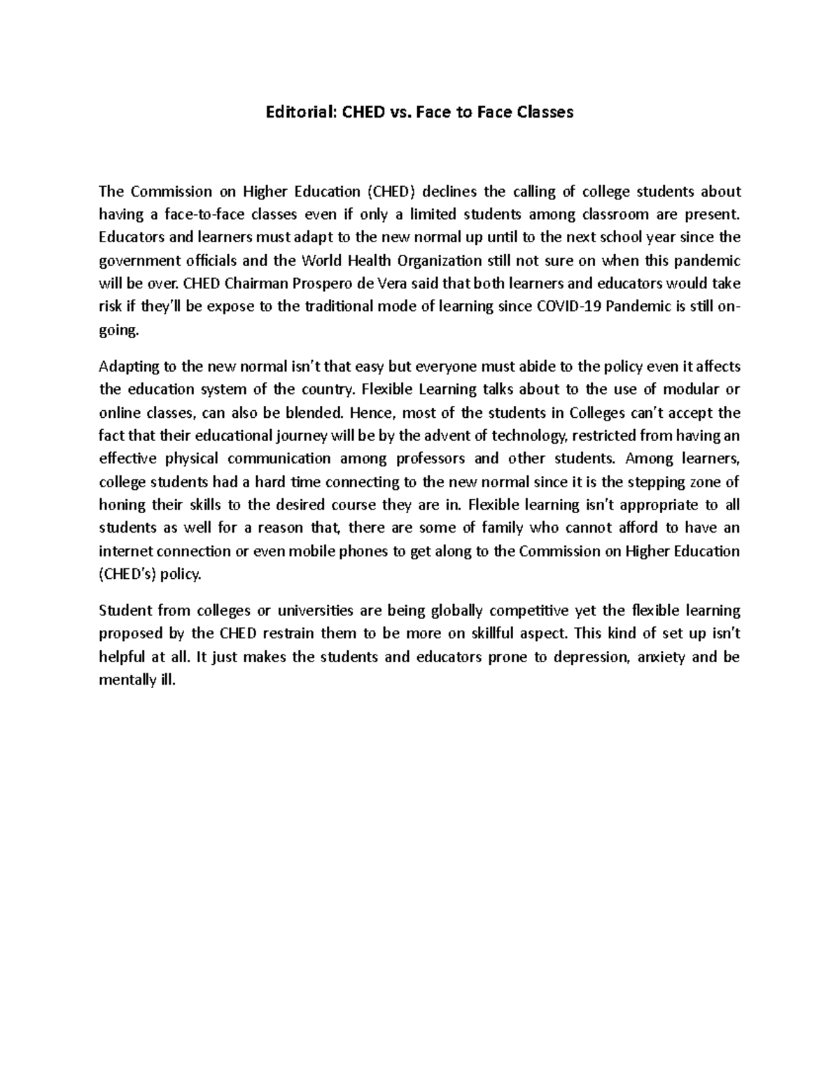 CHED vs. Face to Face Classes - Editorial: CHED vs. Face to Face ...