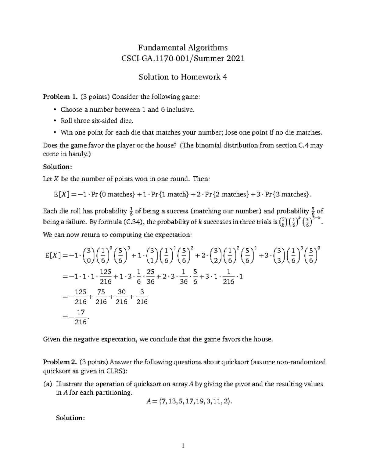 Answers to Homework assignment 4. Course taught by Zahran - Fundamental ...