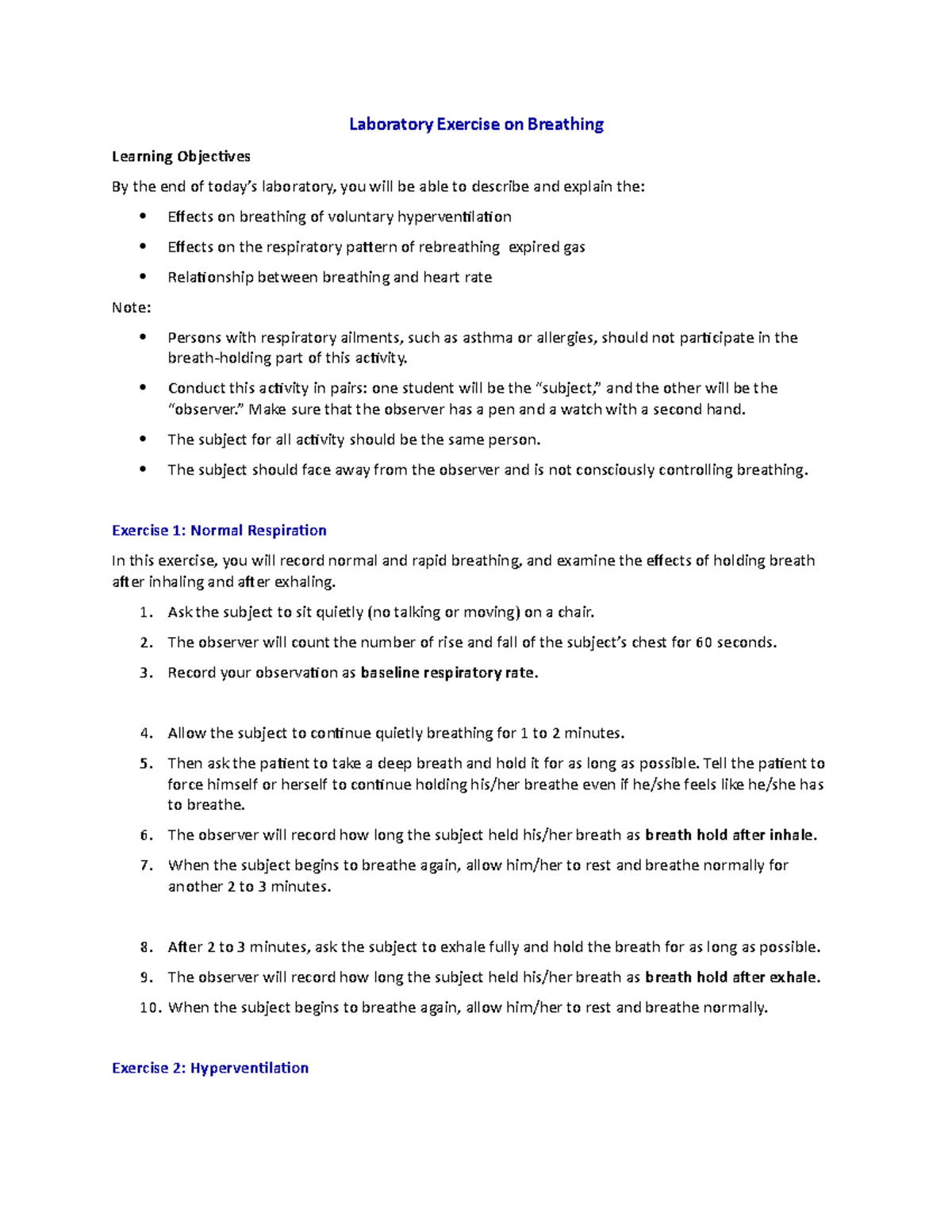 Lab Activity Breathing - Laboratory Exercise on Breathing Learning ...