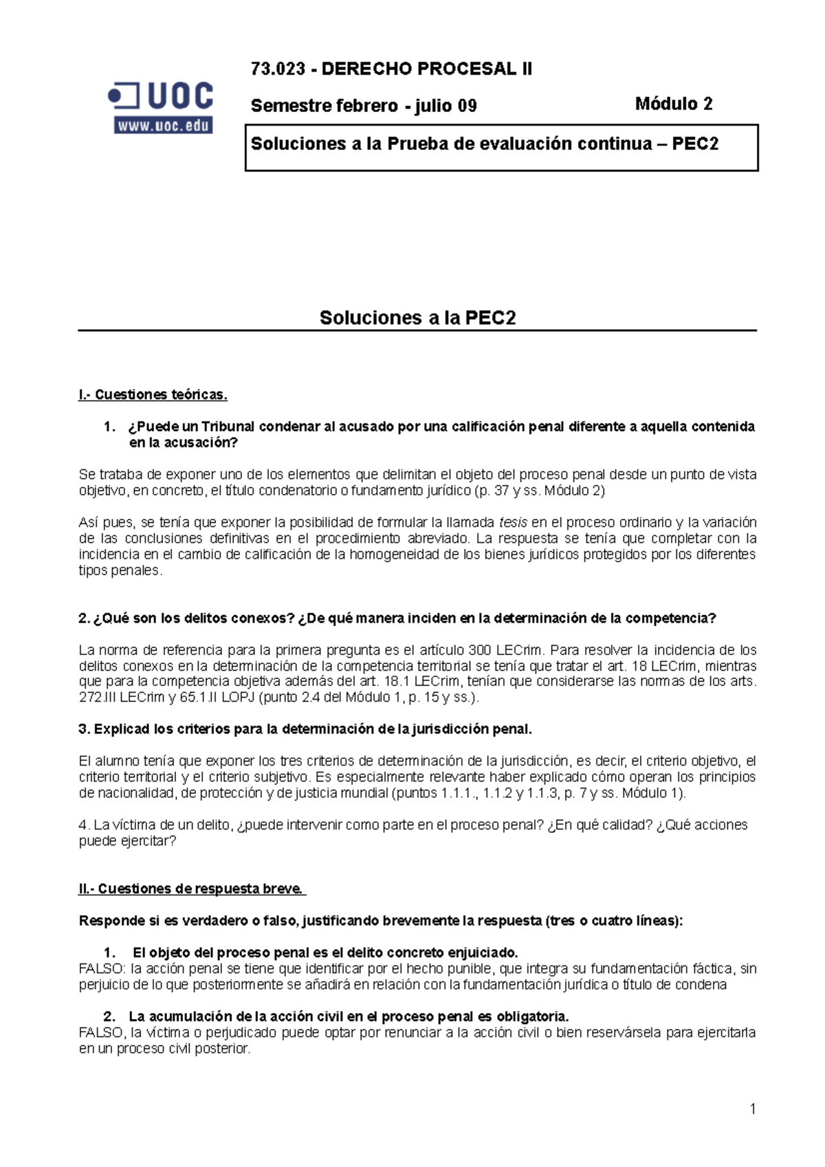 73023 Sol PEC 2 - interesante - 73 - DERECHO PROCESAL II Semestre febrero - julio 09 Módulo 2 ...
