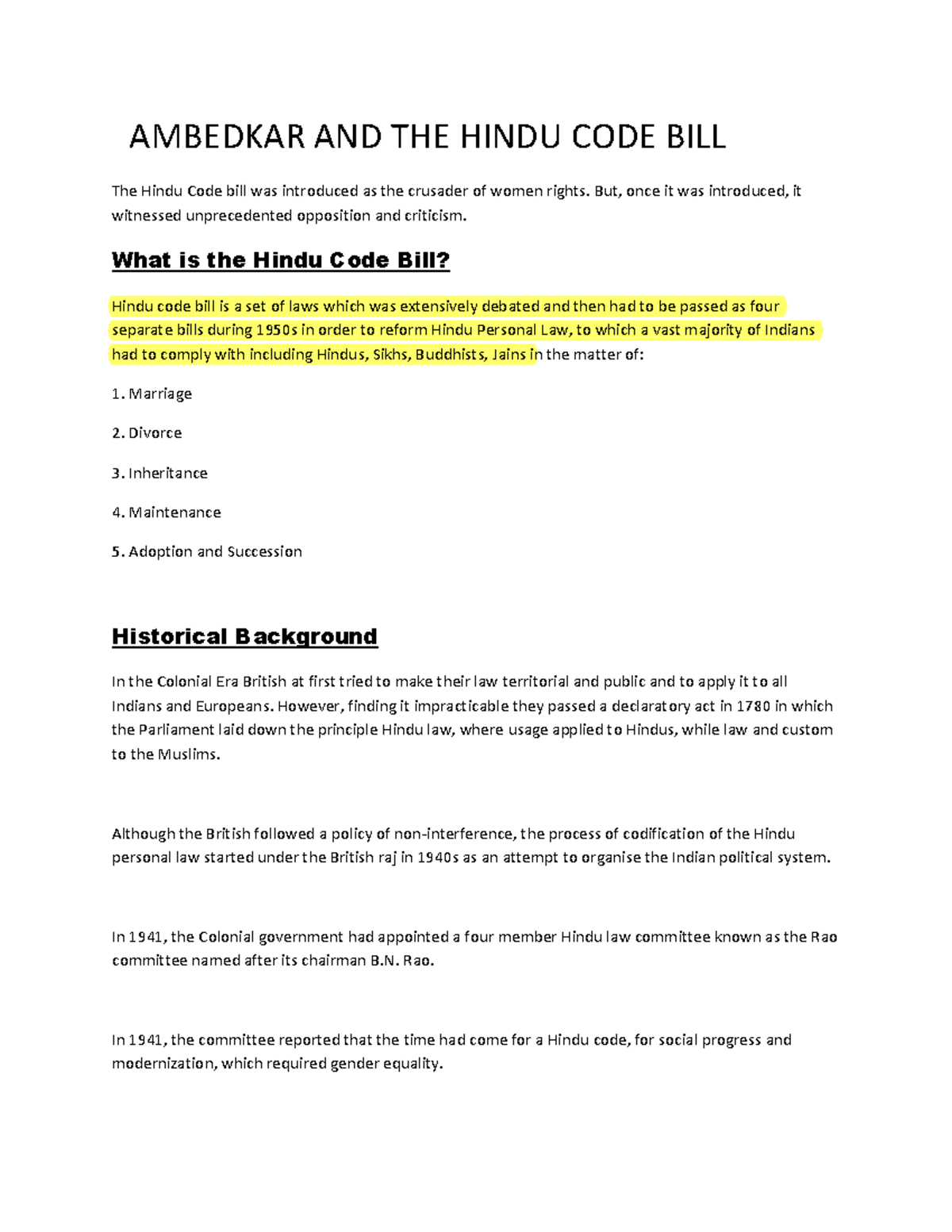 Ambedkar and the Hindu code bill Notes - AMBEDKAR AND THE HINDU CODE ...