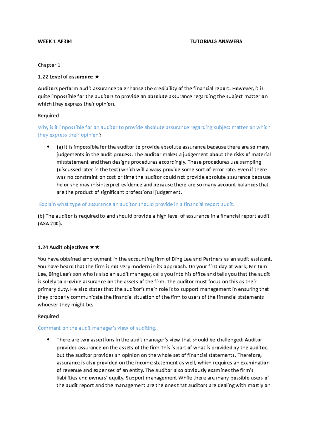 WEEK 1 AF304 Tutorials Answers - WEEK 1 AF304 TUTORIALS ANSWERS Chapter 1 1 Level of assurance ...
