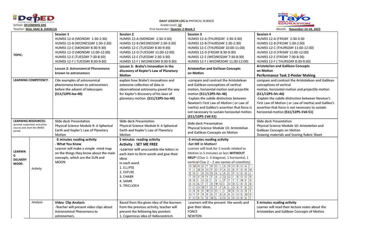DLL PS 2223 Wk2 - Lesson Plan - DAILY LESSON LOG in PHYSICAL SCIENCE ...