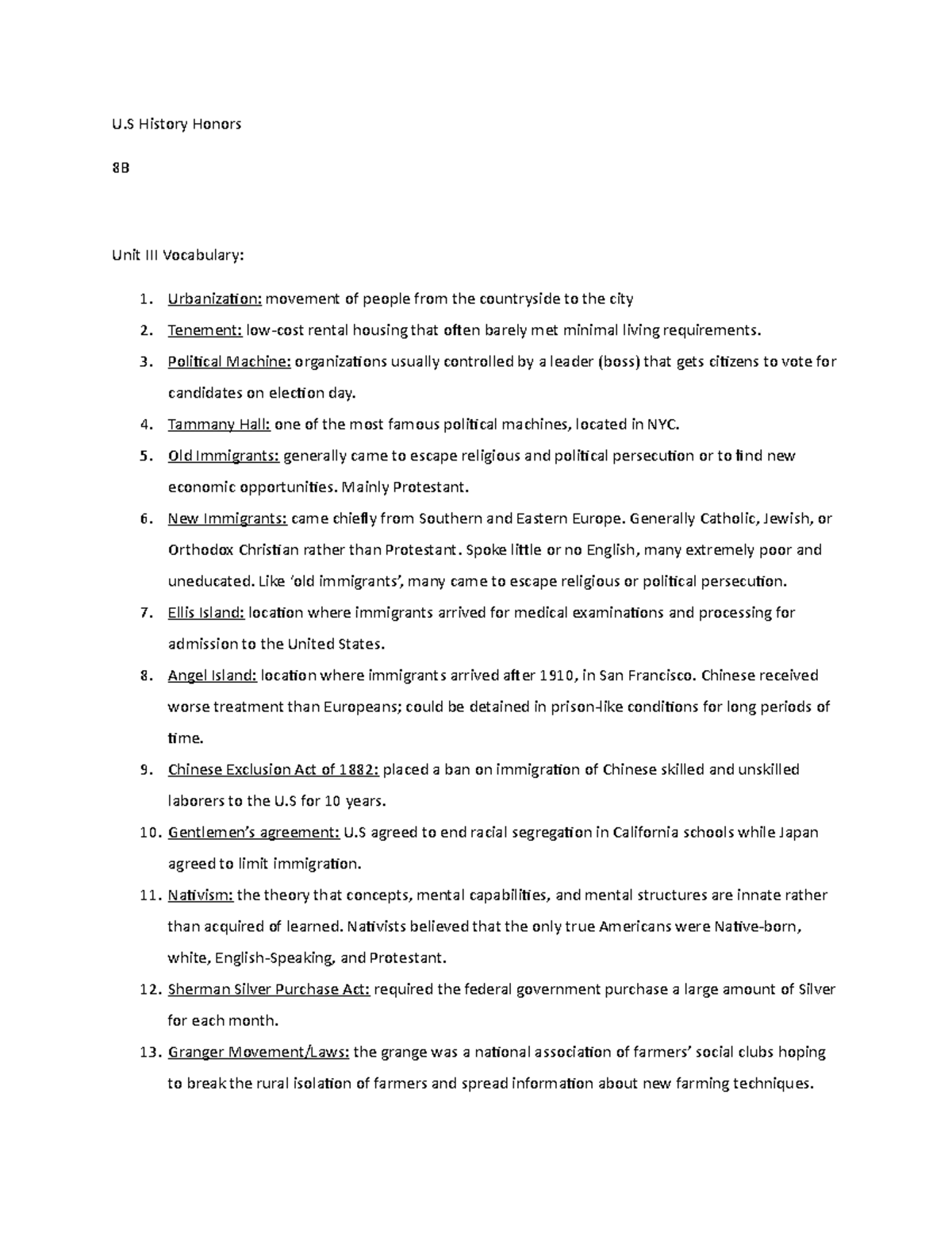 UNIT III Vocab us history - U History Honors 8B Unit III Vocabulary ...