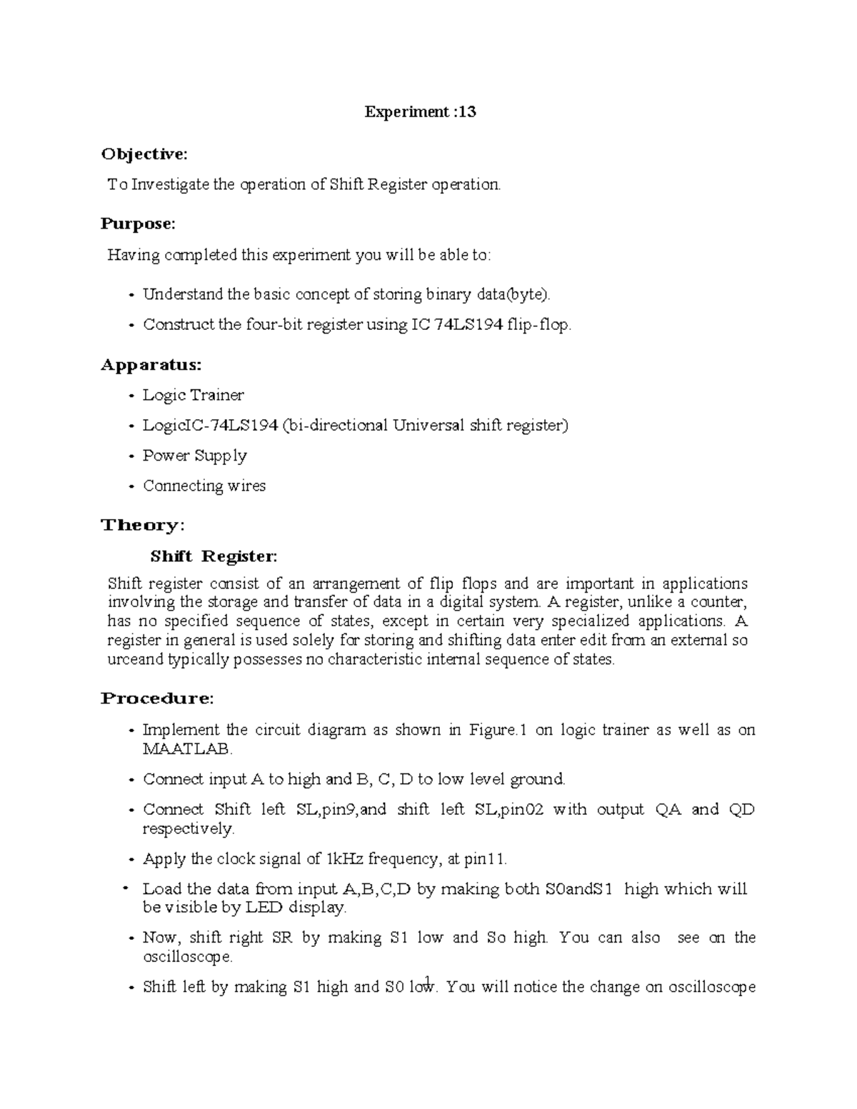 Dld 13 lab - sdafae - 1 Experiment : Objective: To Investigate the operation of Shift Register ...