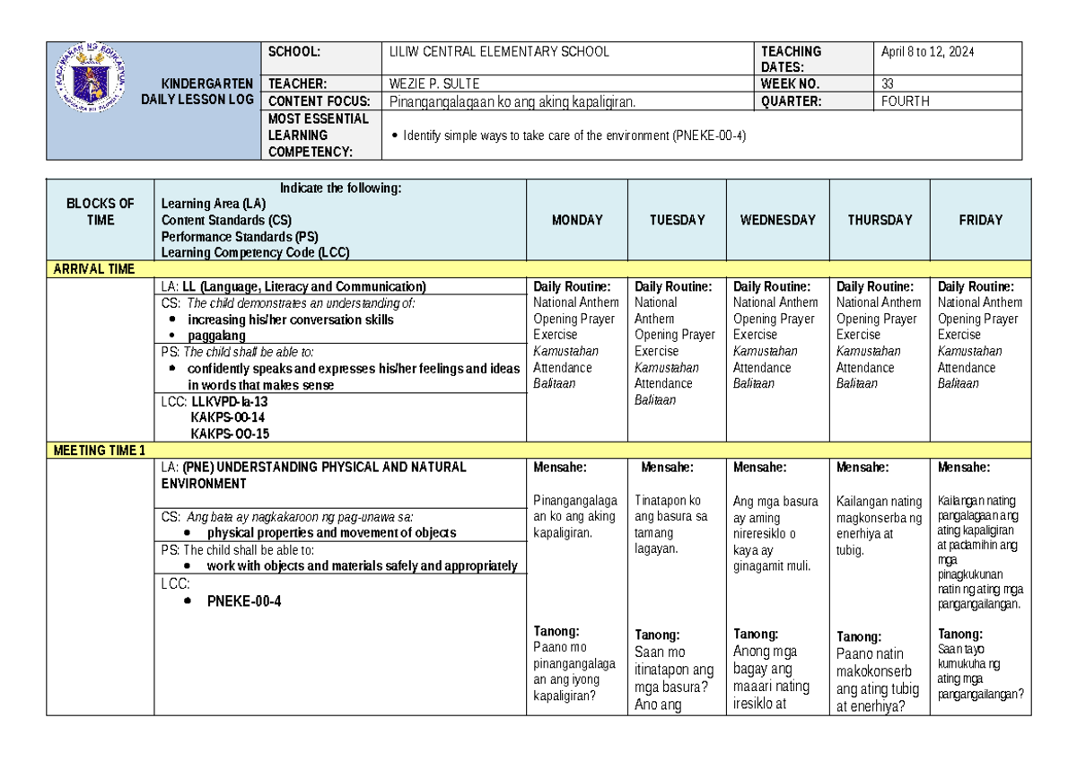 DLL - KINDERGARTEN DAILY LESSON LOG SCHOOL: LILIW CENTRAL ELEMENTARY ...