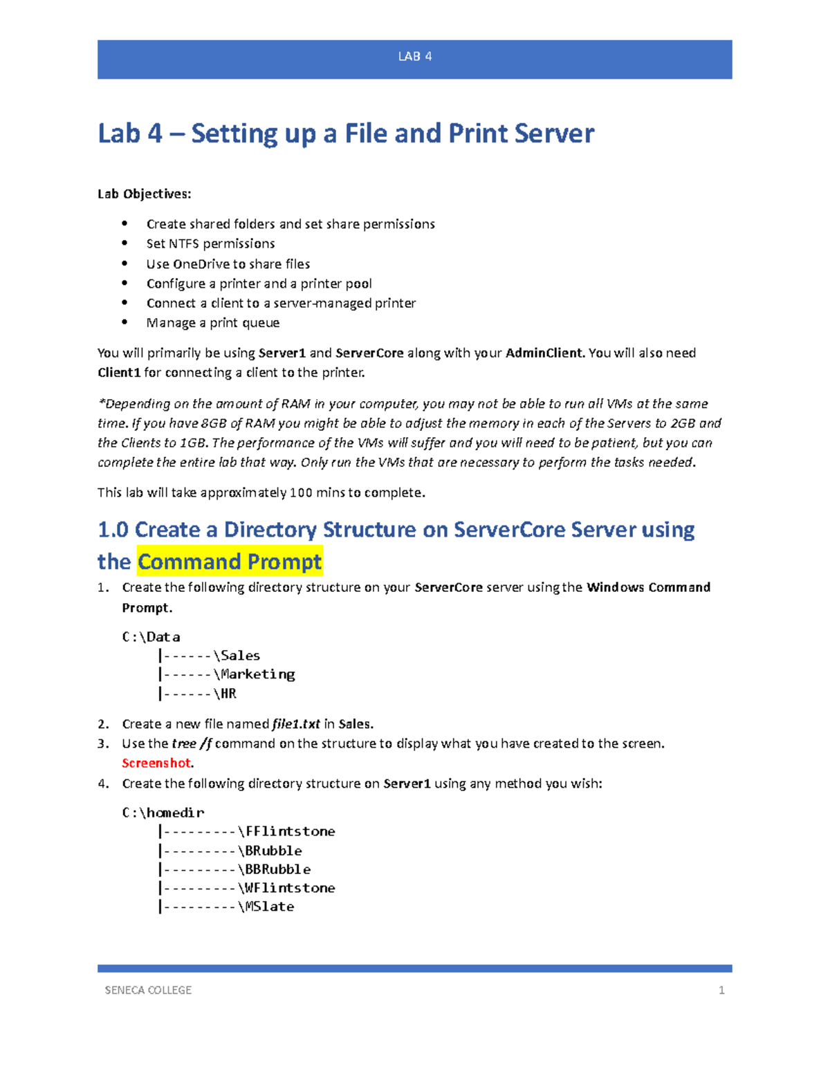 Lab 4 - File and Print - more answer the each lab - Lab 4 – Setting up a File and Print Server ...
