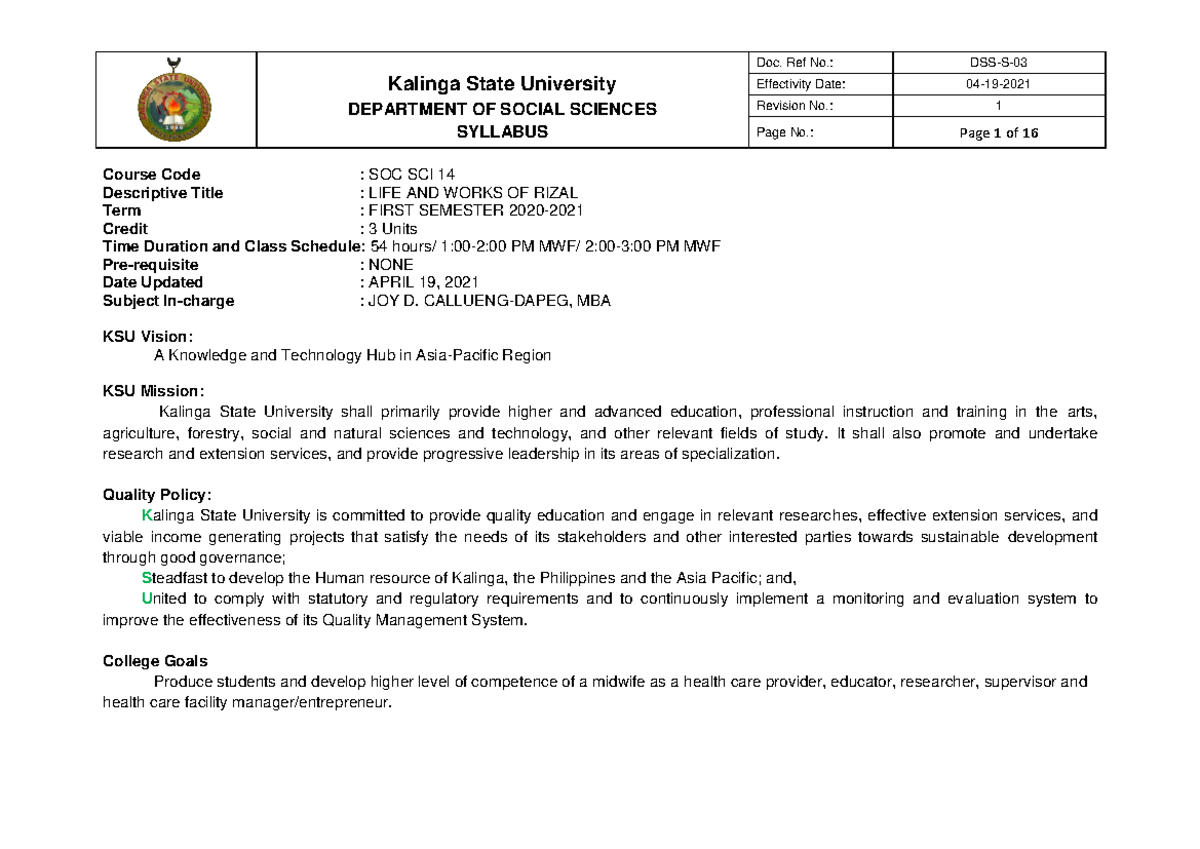 Life and Works of Rizal - Kalinga State University DEPARTMENT OF SOCIAL ...