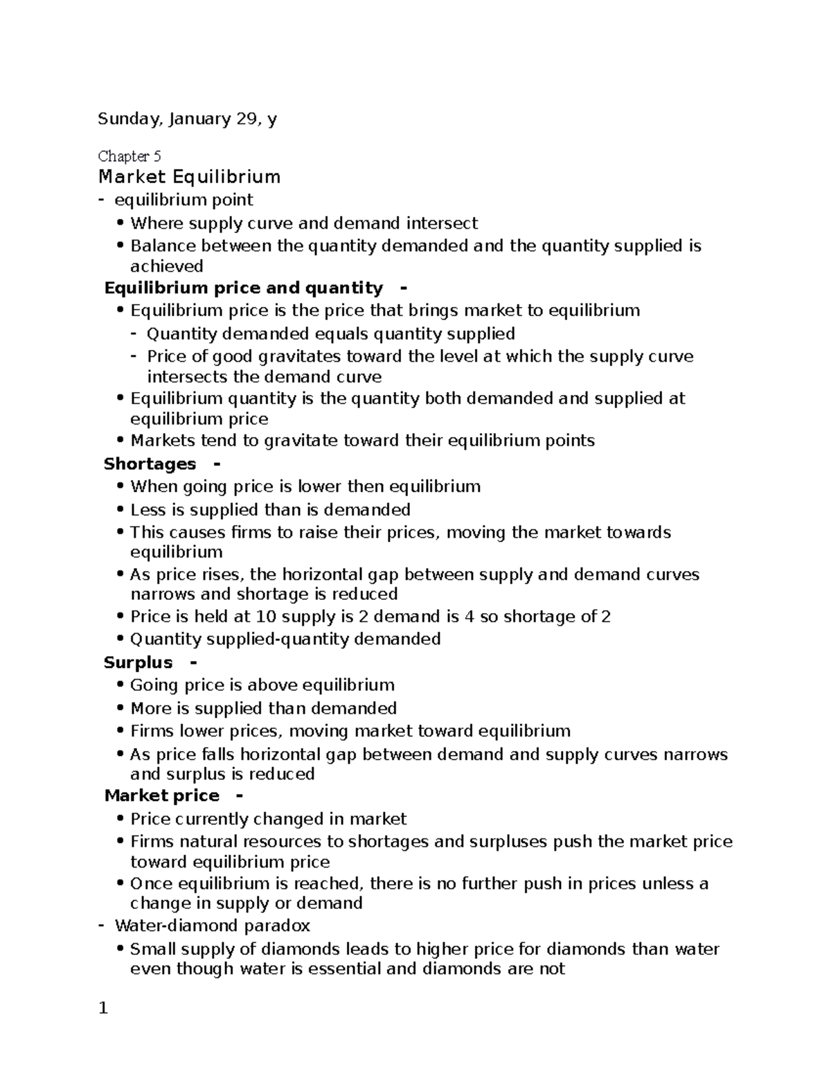 Economics Chapter 5 Notes - Sunday, January 29, y Chapter 5 Market ...