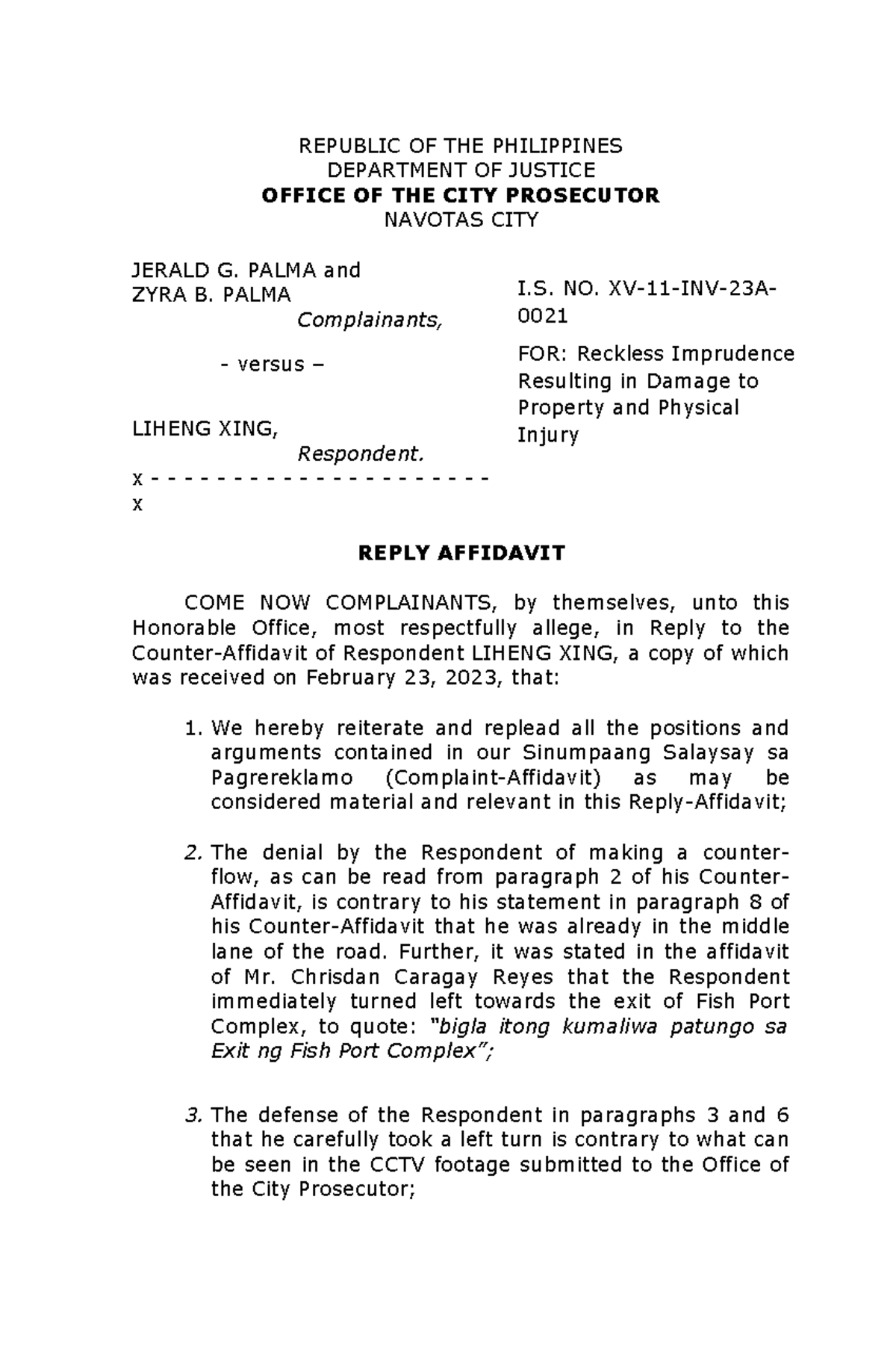 Reply Affidavit - Palma - REPUBLIC OF THE PHILIPPINES DEPARTMENT OF ...