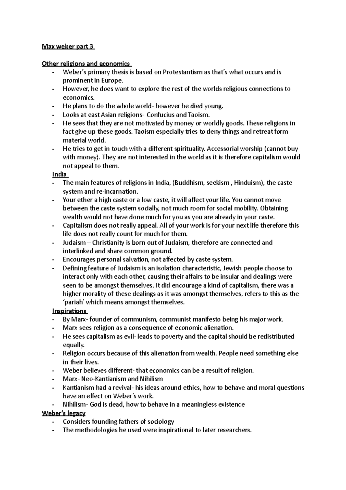 Max weber part 3 - Lecture notes 4 - Max weber part 3 Other religions ...