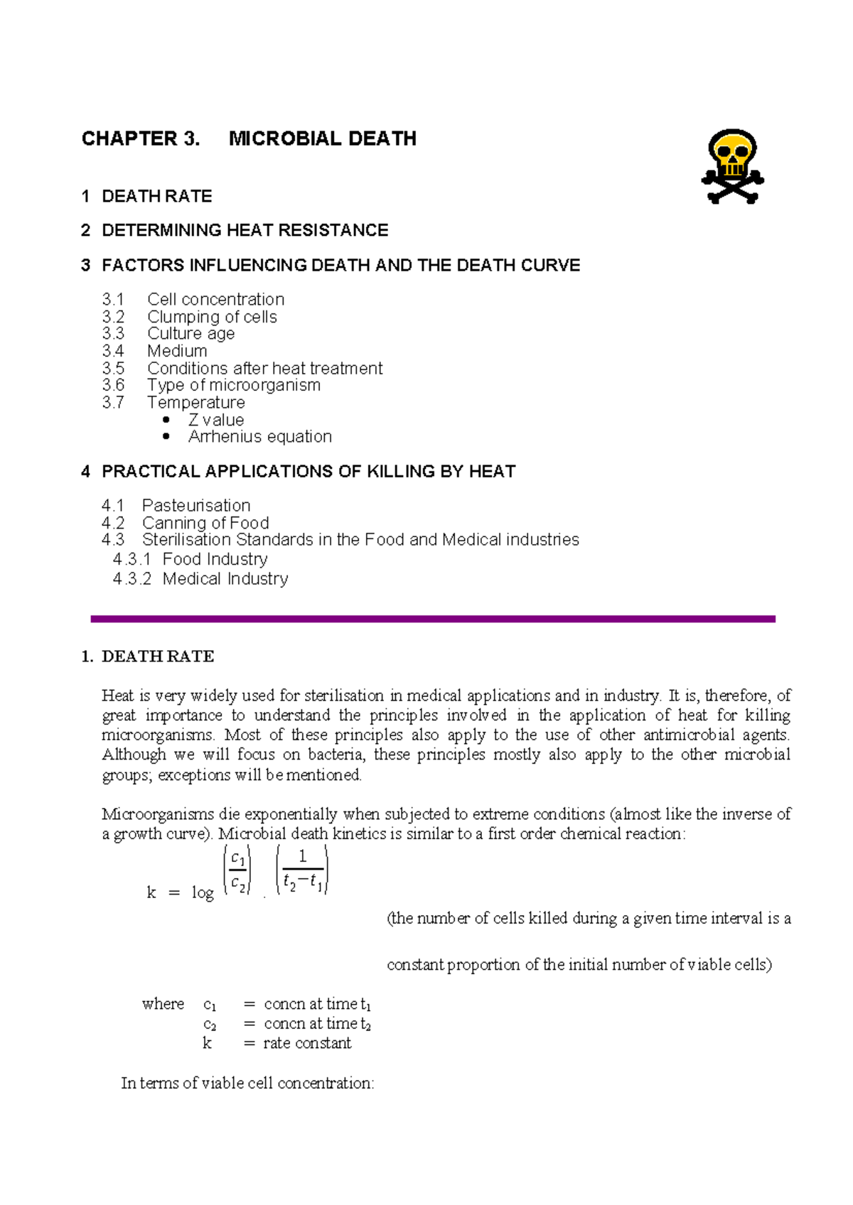 Chapter 3 Microbial Death - CHAPTER 3. MICROBIAL DEATH 1 DEATH RATE 2 ...