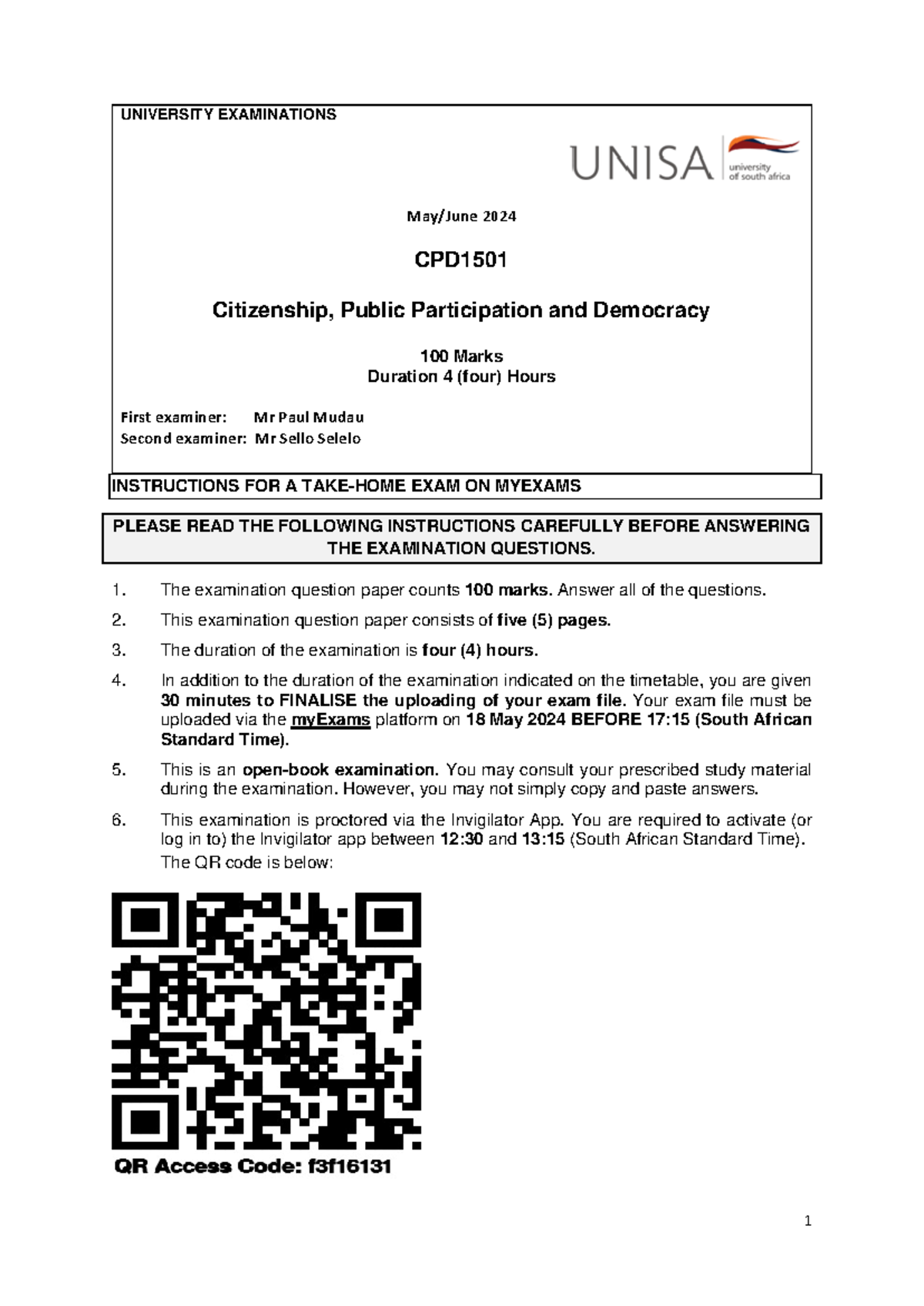 CPD1501 May 2023 Exam - UNIVERSITY EXAMINATIONS May/June 2024 CPD15 01 ...