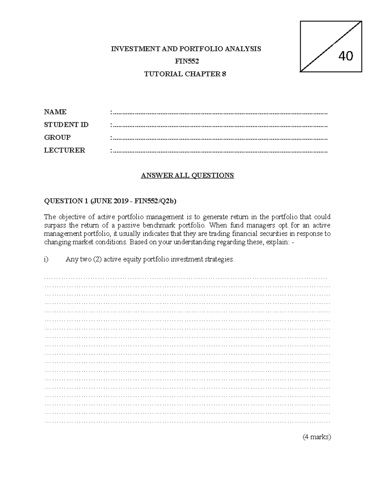 Tutorial Questions for Chapter 8 (FIN552) - INVESTMENT AND PORTFOLIO ...