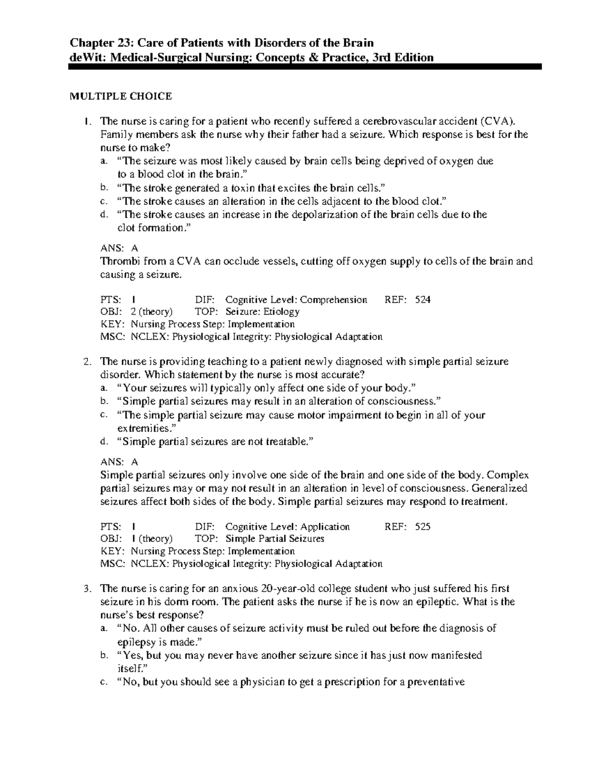 C23 - Notes - Chapter 23: Care of Patients with Disorders of the Brain ...