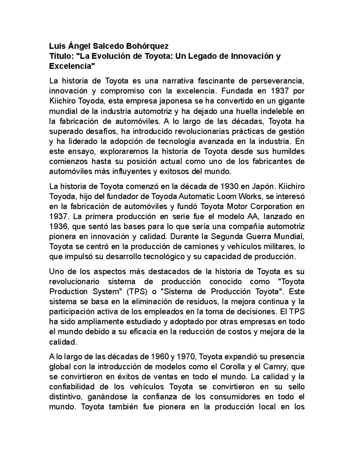 Historia de toyota - nada - Luis Ángel Salcedo Bohórquez Título: "La ...