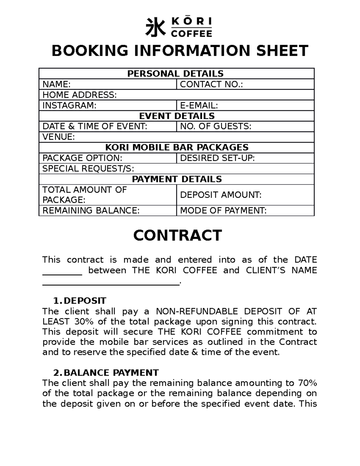 Contract - yes - BOOKING INFORMATION SHEET PERSONAL DETAILS NAME ...