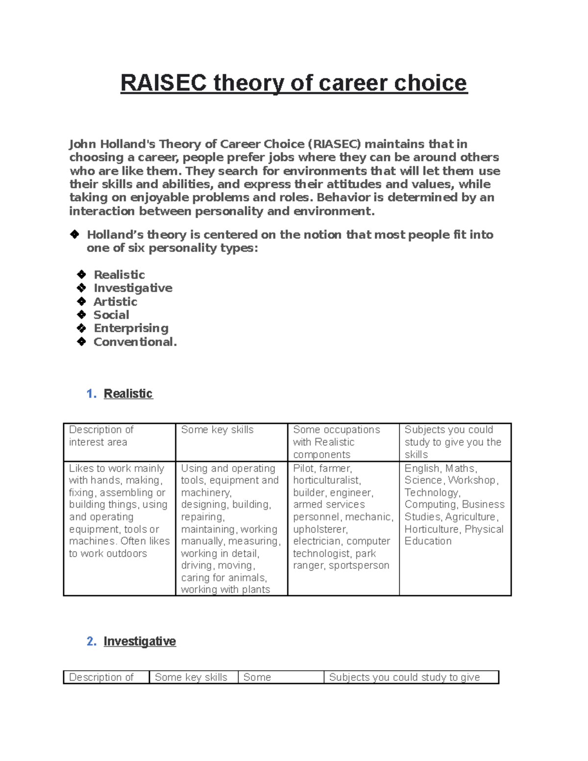 Raisec theory of career choice - RAISEC theory of career choice John ...
