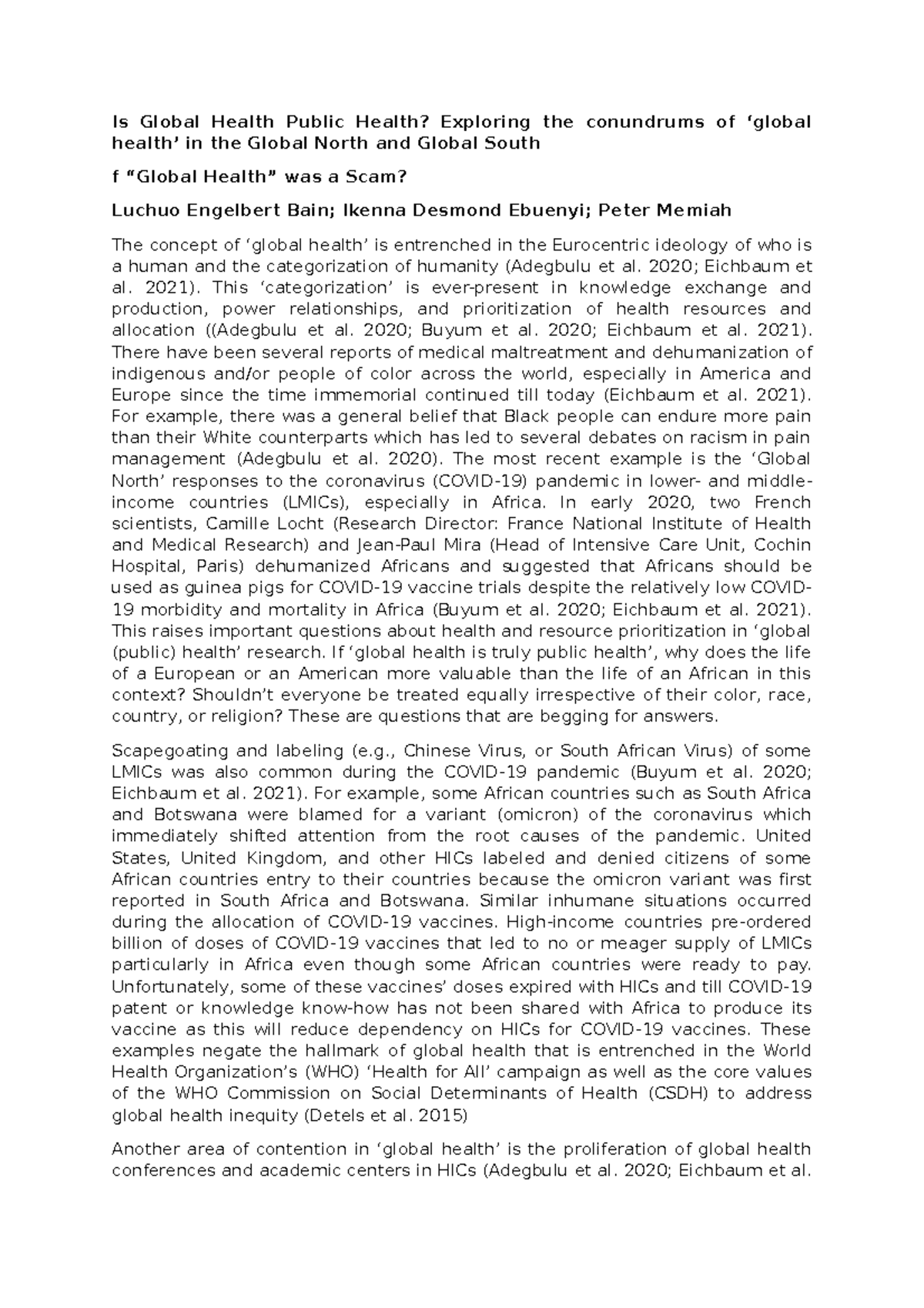 Global Health is a scam IE Luchuo OA2 - Introduction to globalization ...