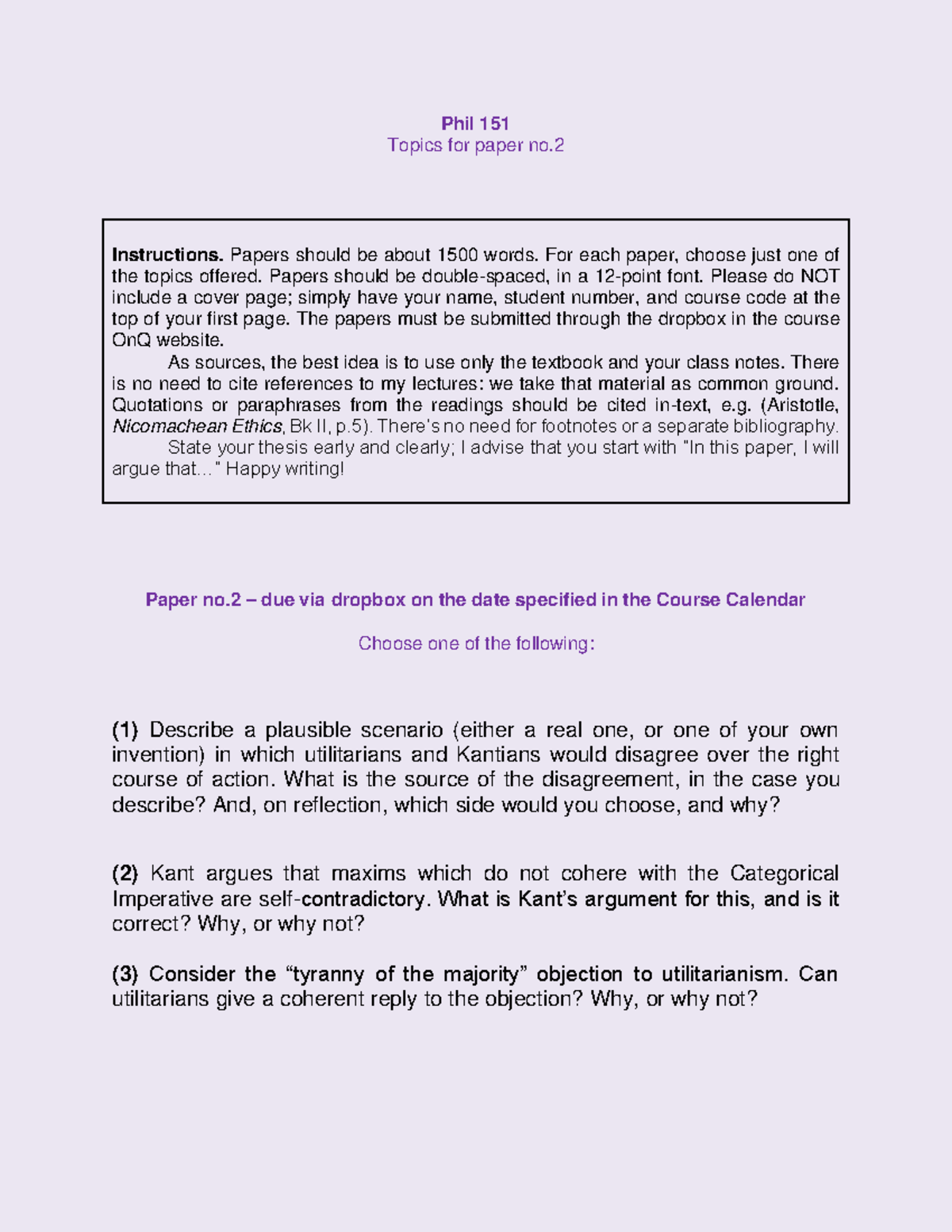 Paper 3 topics - Phil 151 Topics for paper no. Instructions. Papers ...